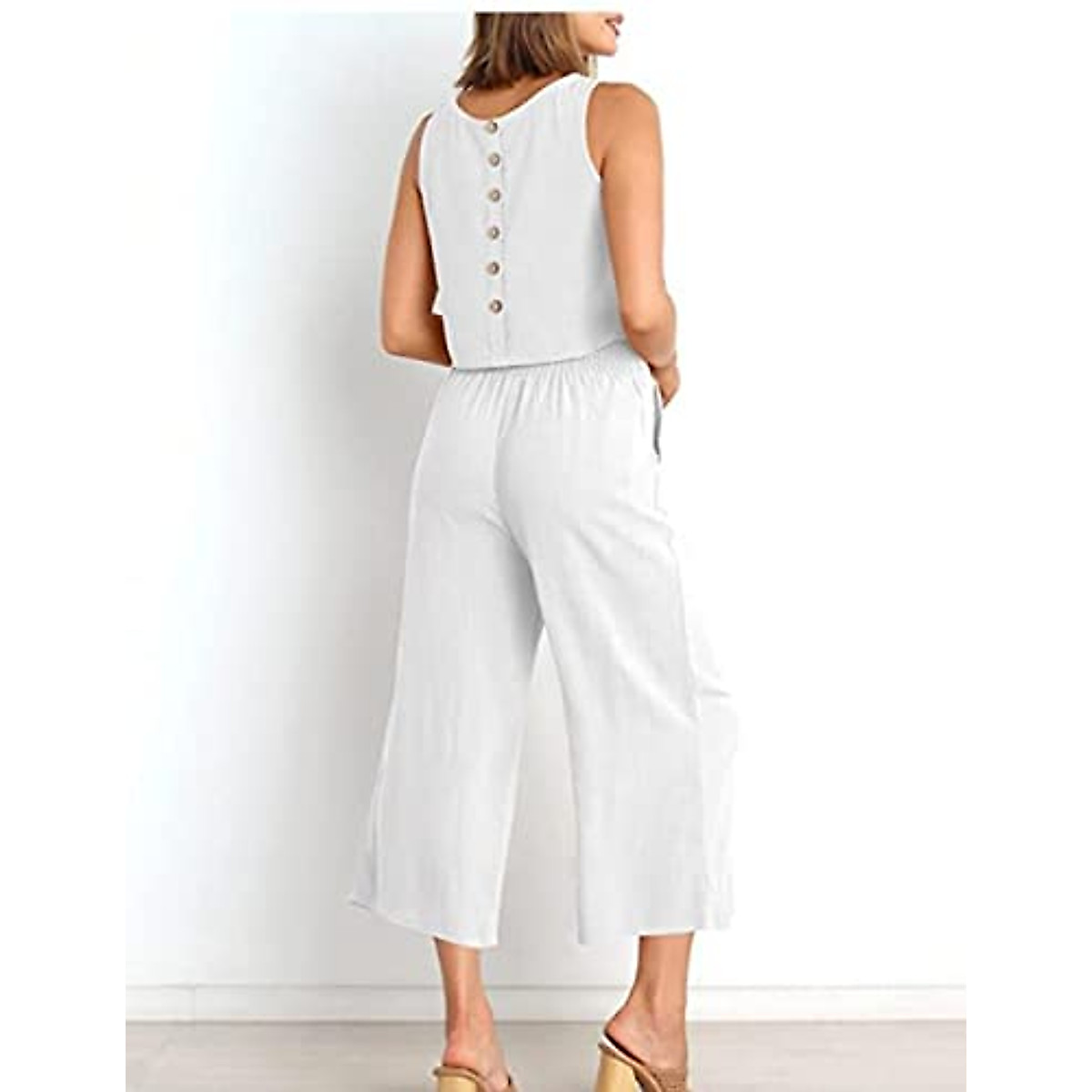 Meyhad Womens Cotton Linen 2 Piece Outfits Crop Tank Tops Wide Leg Pants Set Casual Lounge Sets(0350-White-XL)
