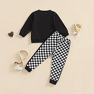 Toddler Baby Girl Fall Clothes Plaid Pullover Sweatshirt Tops Checkerboard Casual Pants 2Pcs Outfit 1-6T (Black,5-6 Years)