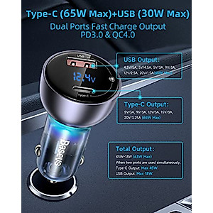 Baseus 65W USB C Car Charger, Type C Car Charger PPS PD3.0 QC4.0 45W Super Fast Charging with LED Display Compatible with iPhone 14/13/12 Pro Max, Samsung S22 S21 Ultra/Tab S8, MacBook, iPad, Laptops
