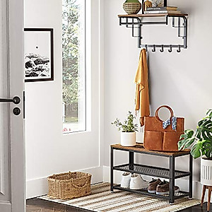 VASAGLE Shoe Bench, 3-Tier Shoe Rack 28.7” Long, Shoe Shelf Storage Bench with Metal Mesh Shelves and Seat, Wood Free Standing Shoe Organizer for Entryway, Indoor, Living Room, Rustic Brown and Black