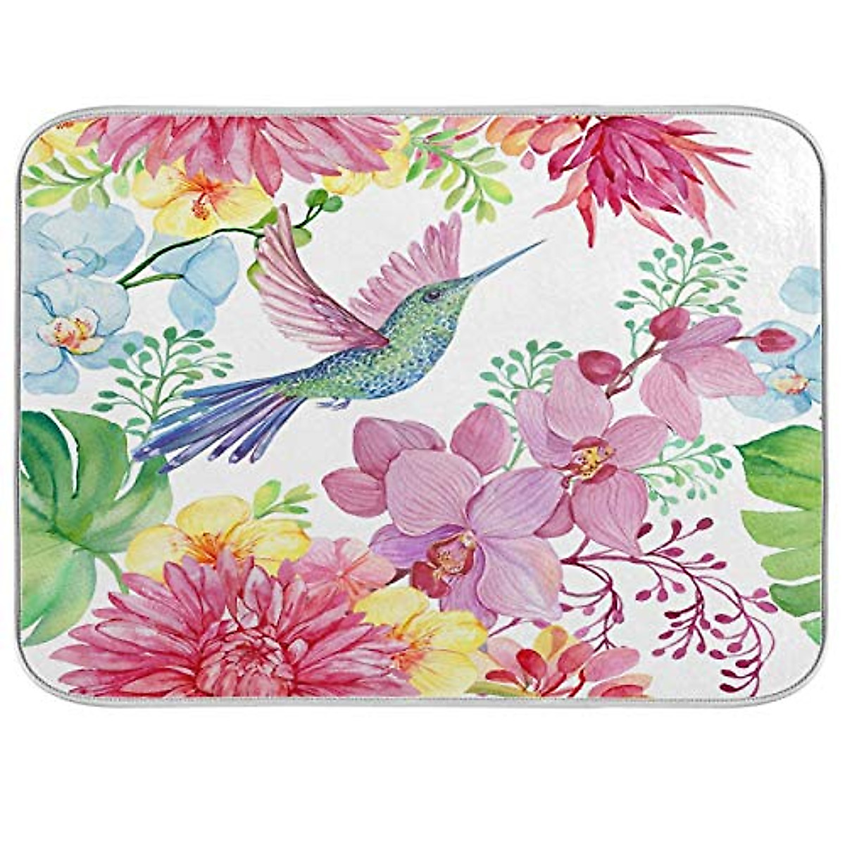 Bird Hummingbird Flowers Orchids Butterfly Dish Drying Mat 16"x18" Absorbent Machine Washable Hanging Fast Dry Pad Dish Protective Mat for Kitchen Countertop Heat Resistant Dinner Table Mat
