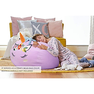 Aubliss Stuffed Animal Storage, Velvet Bean Bag Chairs Cover, X-Large 38" Ultra Soft Kids Toy Storage Organizer for Blankets Towels Clothes, Unicorn Purple Floral