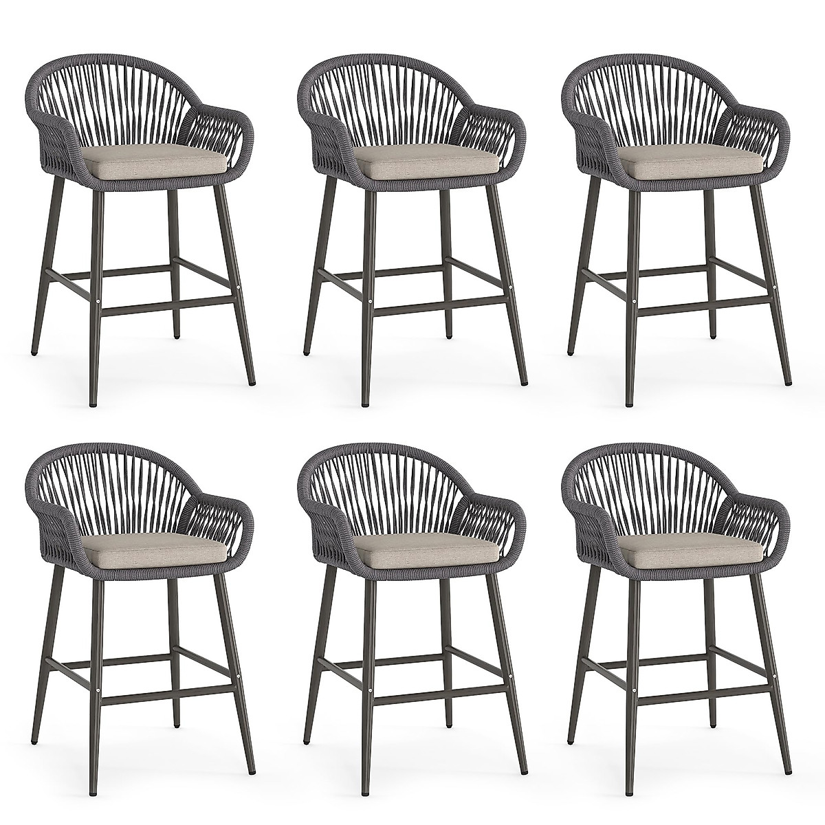 26.8" H Rattan Boho Outdoor Counter Height Bar Stools Set of 6, Woven Rope Backrest & Armrest Outdoor Barstools with Aluminum Legs for Kitchen Patio, Slate Gray