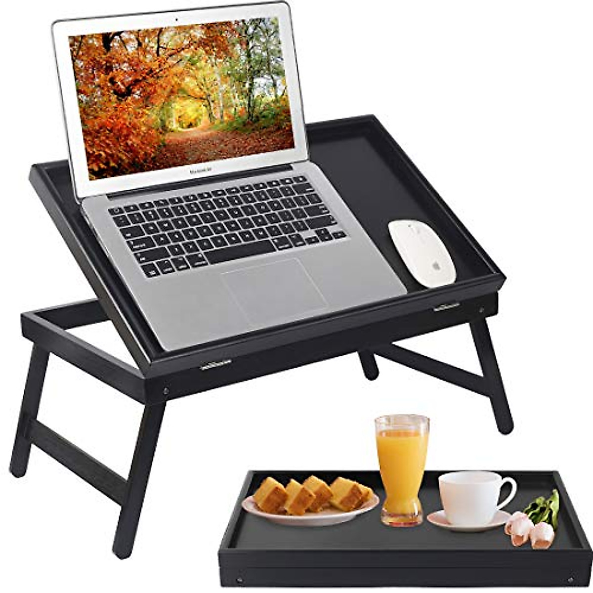 Bed Tray Table Breakfast Food Tray with Folding Legs Kitchen Serving Tray for Lap Desks Notebook Computer Bed Platters TV Snack Tray(Black)