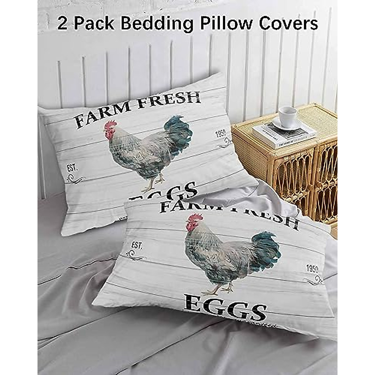 Edwiinsa Farmhouse Rooster Pillow Covers King Standard Set of 2 20x36 Bed Pillow, Farm Animals Rustic Oil Painting Wooden Plush Soft Comfort for Hair/Skin Cooling Pillowcases with Envelop Closure