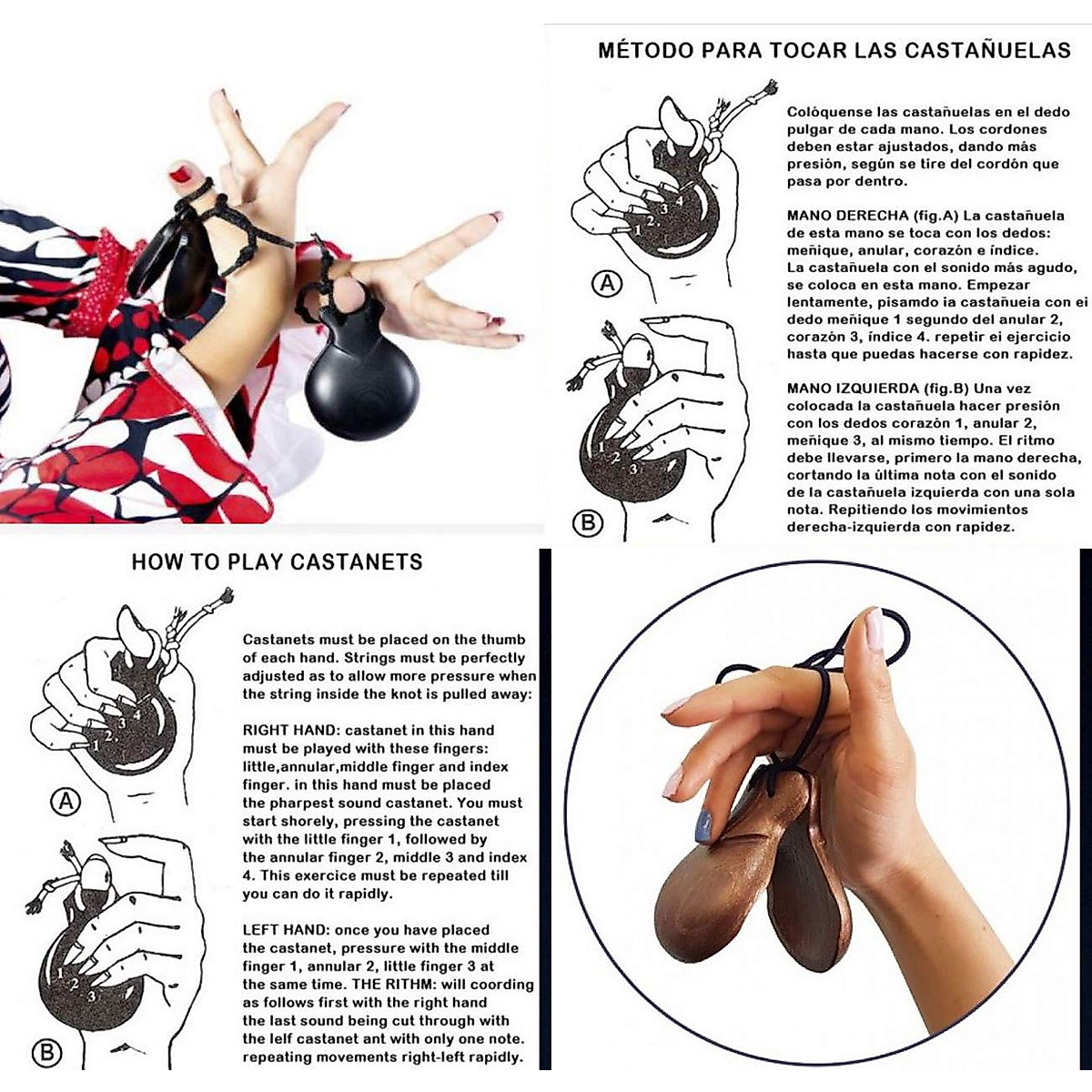 Black wooden castanets Spanish handmade castanets Traditional Spanish black color Souvenir gift from Spain Hand percussion castanets