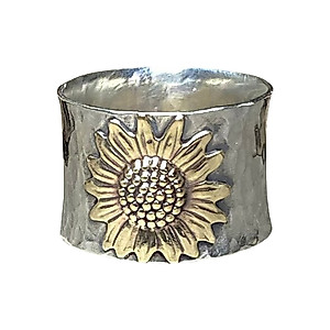 Ladies Vintage Sunflower Engagement Ring Engraved Two Tone Stainless Steel Bridal Wedding Band for Her (A, 9)