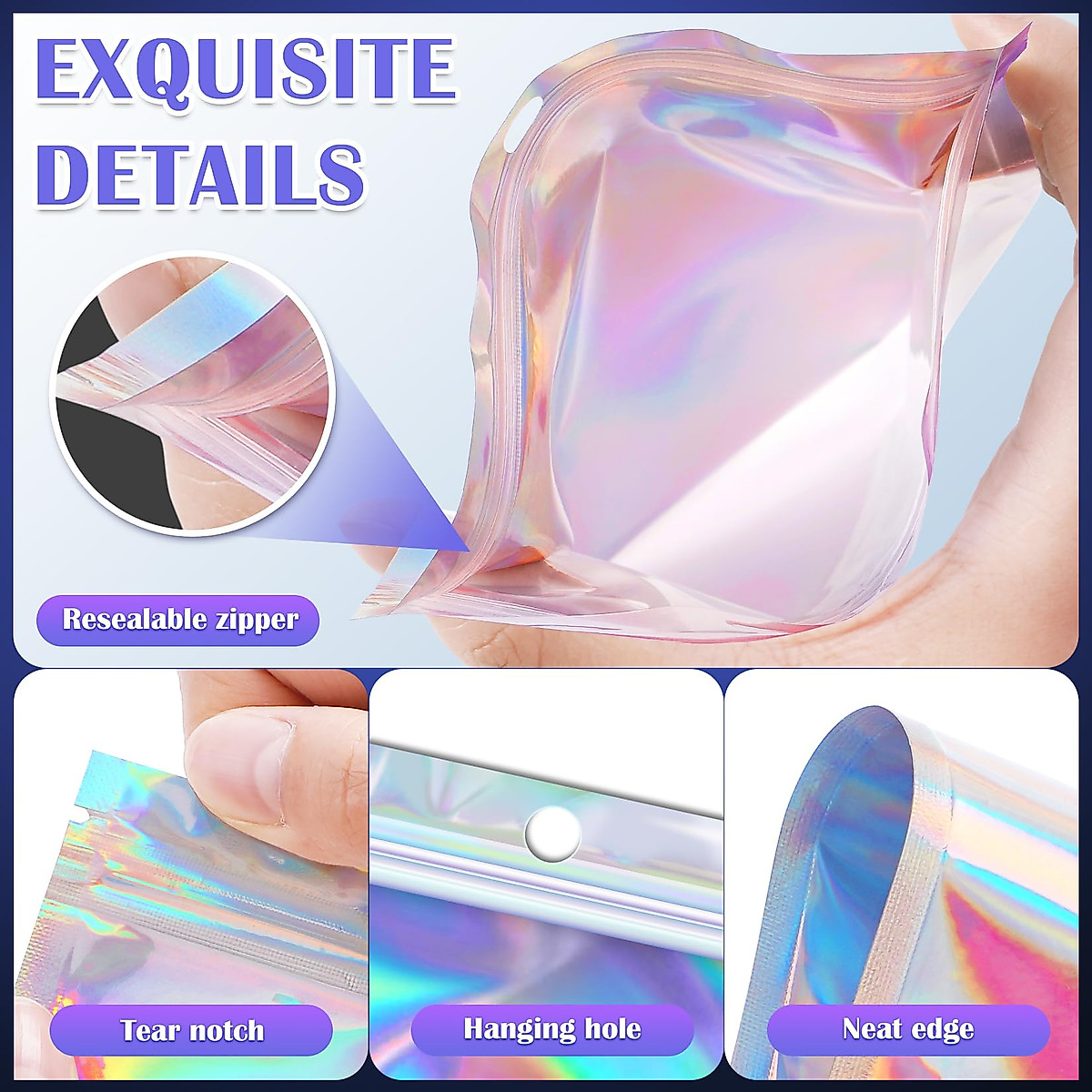 JETMORE 100 Pcs Mylar Bags, Smell Proof Bags with Clear Window, Holographic Bags for Snack, Cookie, Jewelry, Candy, Gift, Resealable Bags for Small Business, Sealable Bags for Packaging（2.4x3.9in）
