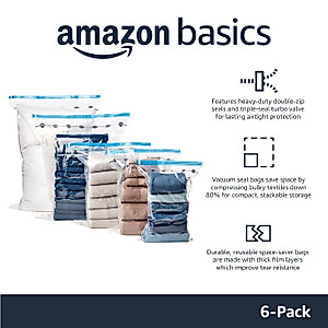 Amazon Basics Vacuum Compression Storage Bags with Hand Pump - 6-Pack (2 Jumbo, 2 Large, 2 Medium)
