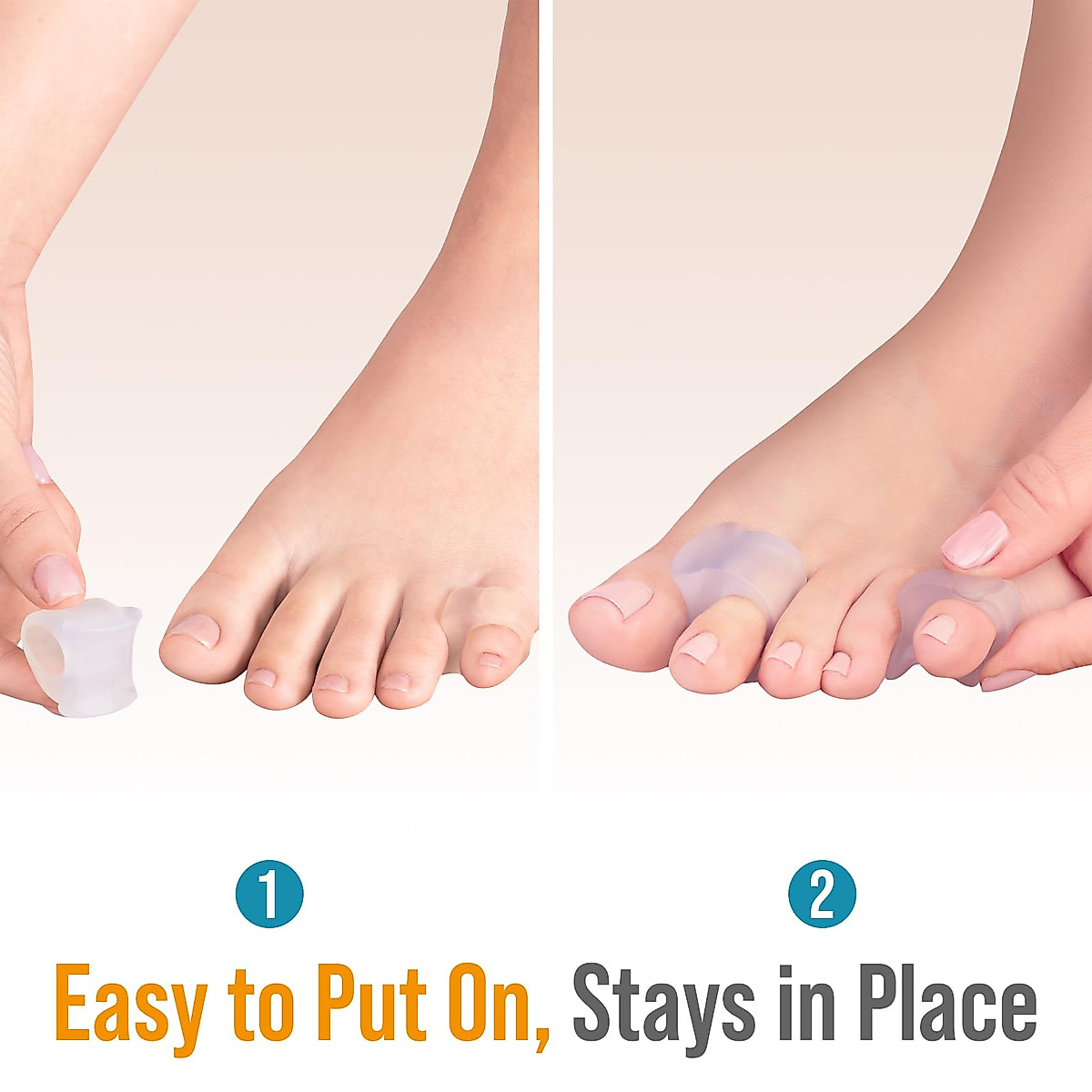 5 STARS UNITED Toe Spacers for Men and Women – 4 Gel Toe Separators for Curled and Overlapping Toes, Bunions, Hammer Toe Straightener, Big and Second Toe Spreader - White