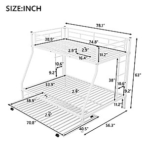 Tulib Twin Over Full Metal Bunk Bed with Sturdy Steel Frame, Bunkbed with Twin Size Trundle, Two-Side Ladders, No Spring Box Required, White
