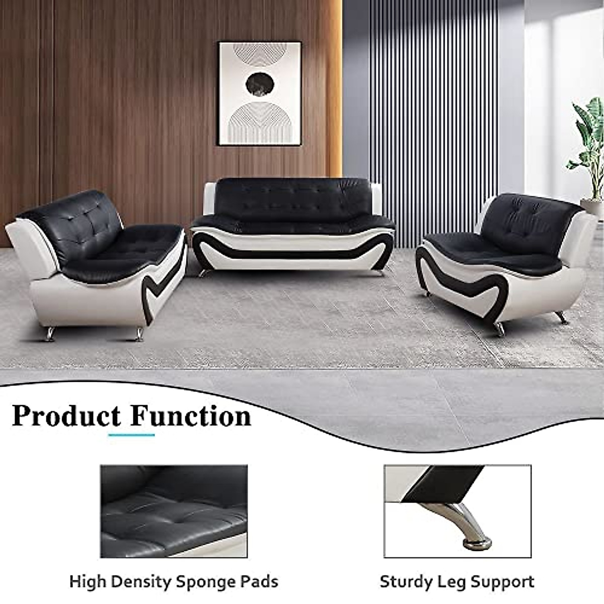 HOMVET Faux Leather 3 Piece-Modern Sofa,Couch Set for Living Room,Black & White