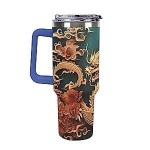 40 Oz Vacuum Tumbler with Deep Blue Handle Leakproof Insulated Tumbler Dragon Chinese Background Stainless Steel Travel Mug with Lid And Straw Coffee Cup Cute Water Bottles Cup Holder Friendly