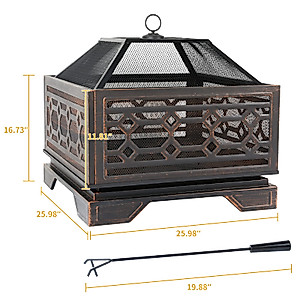 Hykolity 26 Inch Outdoor Fire Pit Square Extra Deep Wood Burning Firepits Large Bonfire with Cooking Grate & Poker for Outside, Patio, Backyard