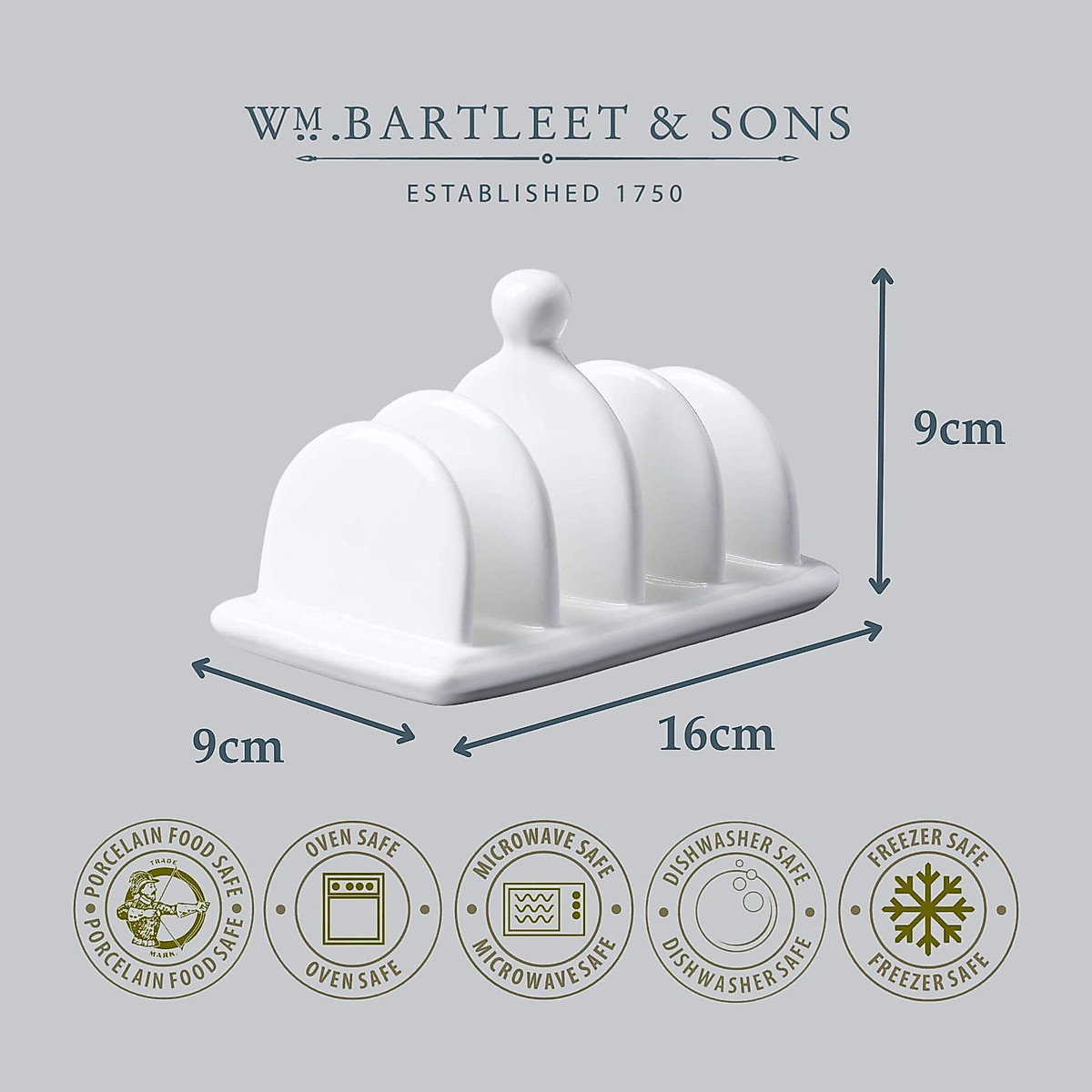 WM Bartleet & Sons 1750 Traditional Porcelain 4 Slot Toast Rack with Carry Handle/Knob– White