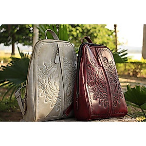 Santiago Sebastian Leathers Ladies Backpack Purse for Women, Genuine Leather, Hand tooled handbag, off white color