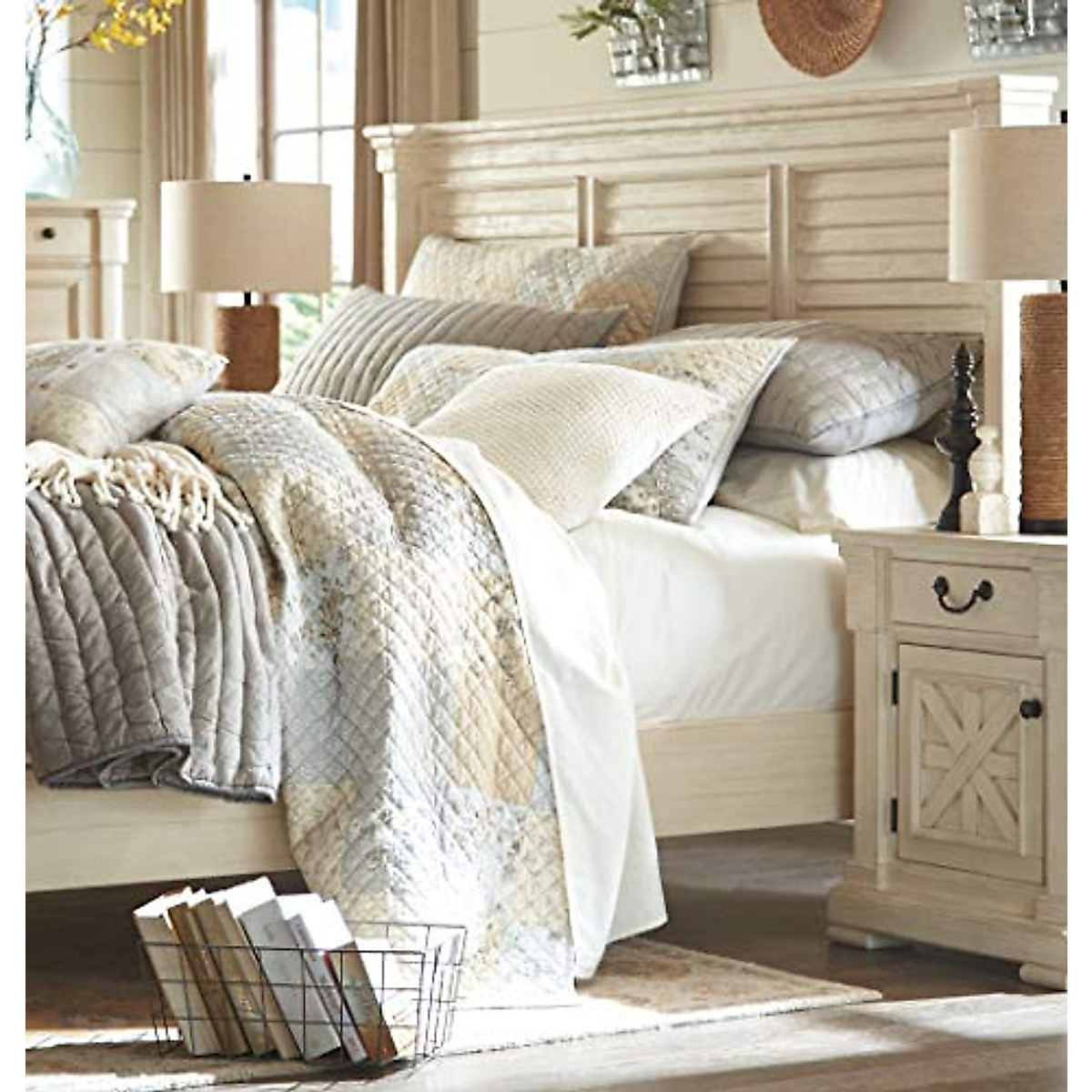 Signature Design by Ashley Bolanburg Farmhouse 1 Drawer Nightstand with Outlets & USB Charging Ports, Antique White