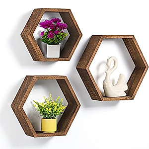 Wooden Hexagon Floating Shelves, Set of 3 Large Wall Mounted Shelf for Home, Room, Kitchen Or Office Decor, Geometric Hexagonal Rustic Farmhouse Natural Wood
