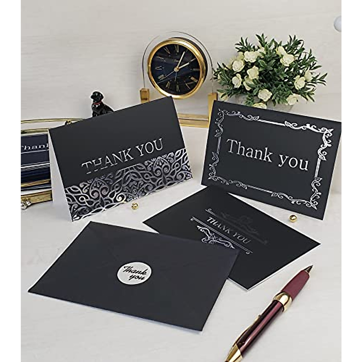 120 Elegant Thank You Cards in Black with Matching Black Envelopes and Sealing Stickers - Thick Quality Cardstock 6 Designs Bulk Notes Embossed with Silver Foil Letters, 4x6 Inches Folded