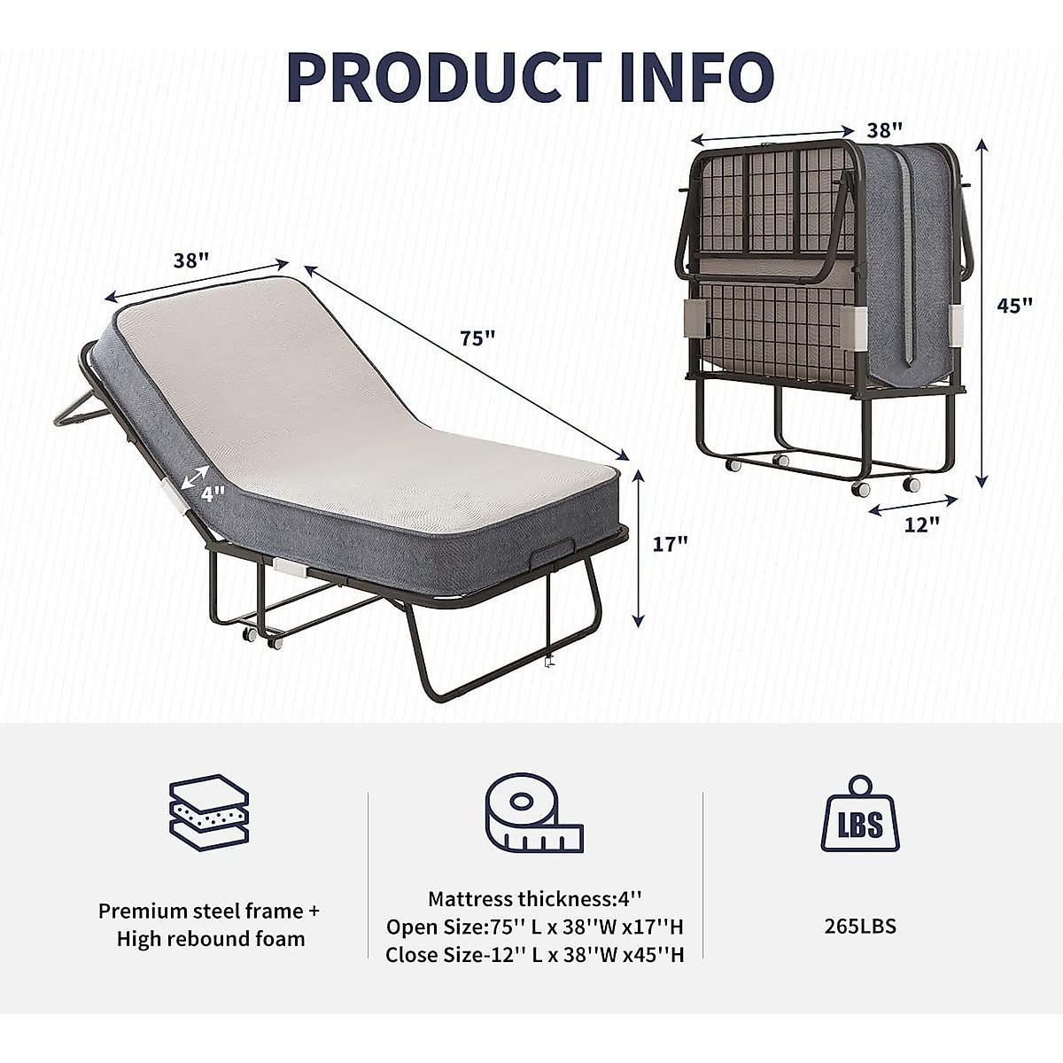ijuicy Folding Bed with 4" Mattress, 75" x 38" Rollaway Bed with 4 Lockable Wheels & Strong Sturdy Frame, Portable Foldable Bed with Mattress for Adults, Guests