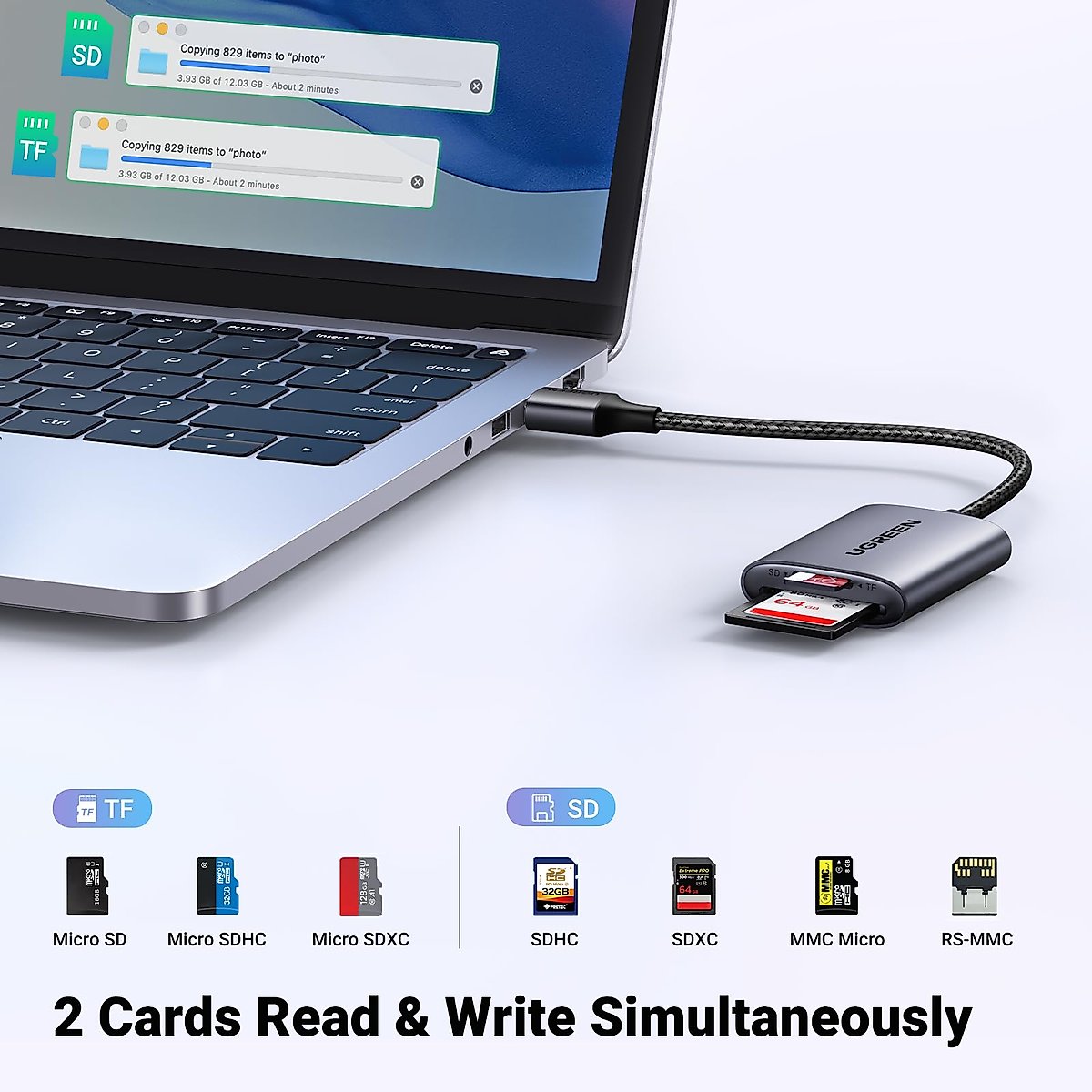 UGREEN USB SD Card Reader, USB 3.0 to Micro SD Card Reader Adapter, Aluminum Multi 2-in-1 Memory Card Readers for Camera SD MicroSD TF SDHC SDXC UHS-I Mac OS Windows Linux Computer PC Laptop