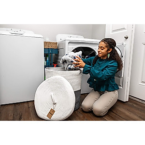 Mevyucr Large Laundry Basket with Lid, Tall Laundry Hamper with Lid, Woven Storage Basket Decorative Cotton Basket for Blankets Clothes Toys Pillows Towels Baby Nursery Bathroom Living Room Kitchen