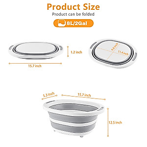 Collapsible Multi-Purpose Plastic Dish Basin 8L(2 Gallon), Space Saving Dish Tub, Folding Chopping Board, 3 in 1 Multifunction Camping Sink for Dish Washing, BBQ Prep, Camping (Gray-1)