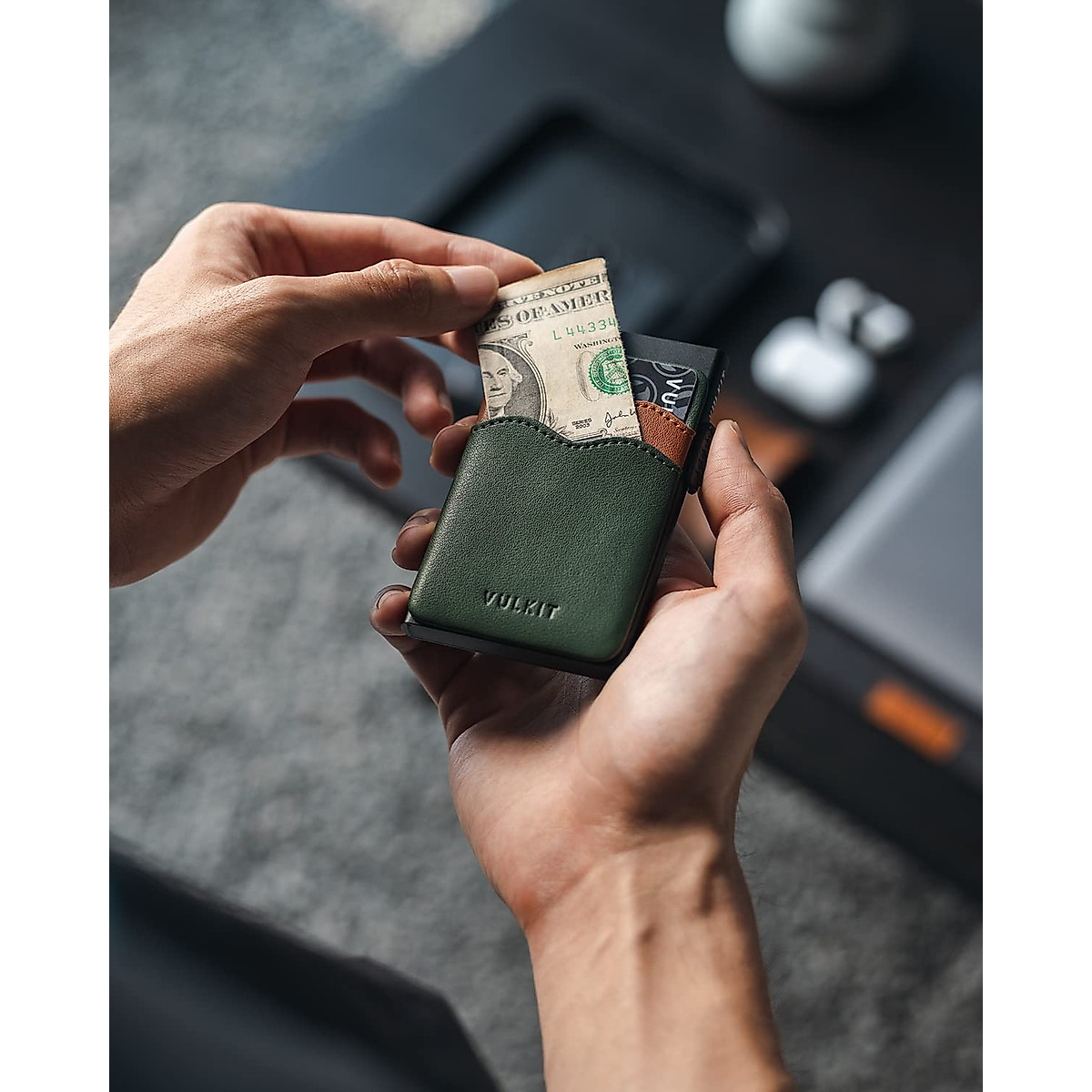 VULKIT Credit Card Holder Minimalist Slim Pop Up Wallet with Leather Slots RFID Blocking for Men and Women Holds 7 Cards and Notes Green