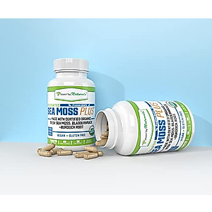 Power By Naturals USDA Organic Sea Moss Plus Bladderwrack and Burdock Root Capsules for Gut Health, Immune Support & Thyroid Supplement (Pure, No Fillers, Wildcrafted Irish SeaMoss Pills) 60Ct.