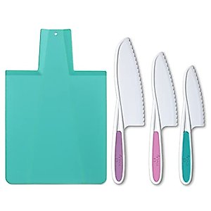 TOVLA JR. Kids Kitchen Knife and Foldable Cutting Board Set: Children's Cooking Knives in 3 Sizes & Colors/Firm Grip, Serrated Edges, BPA-Free Kids' Knives/Safe Lettuce and Salad Knives… (Blue)