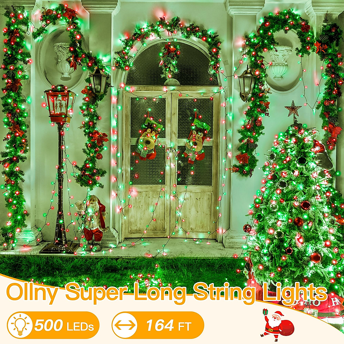 Ollny Christmas Lights, 500LED 164FT Long Christmas Tree Lights with 8 Modes Remote Timer IP44 Waterproof, Outdoor Christmas Lights for Tree House Yard Outside Xmas Decorations (Red+Green)