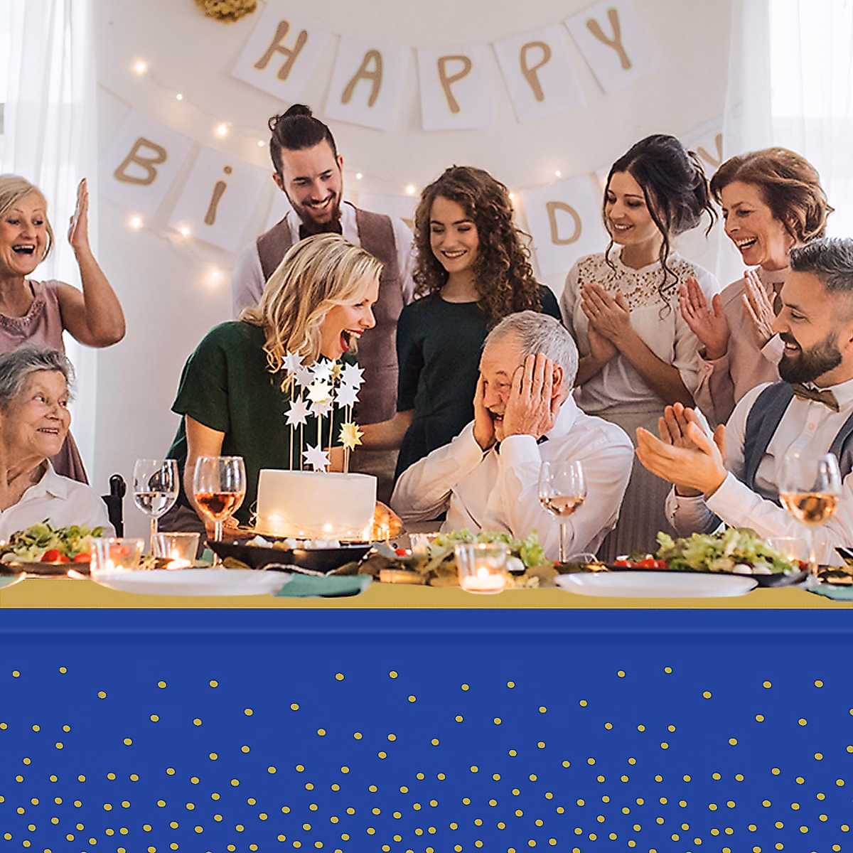 12 Pack Blue and Gold Tablecloth and Table Runner Party Decorations, Royal Blue and Gold Plastic Disposable Tablecloth and Satin Table Runner for Wedding Birthday Bridal Graduation Anniversary Party