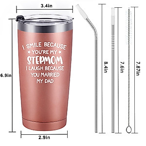 Lifecapido Stepmom Gift, Stepmom 20oz Tumbler with Lid and Straw, I Smile Because You Are My Stepmom Stainless Steel Travel Tumbler, Mother’s Day Gift Birthday Gift for Stepmom Bonus Mom, Rose Gold