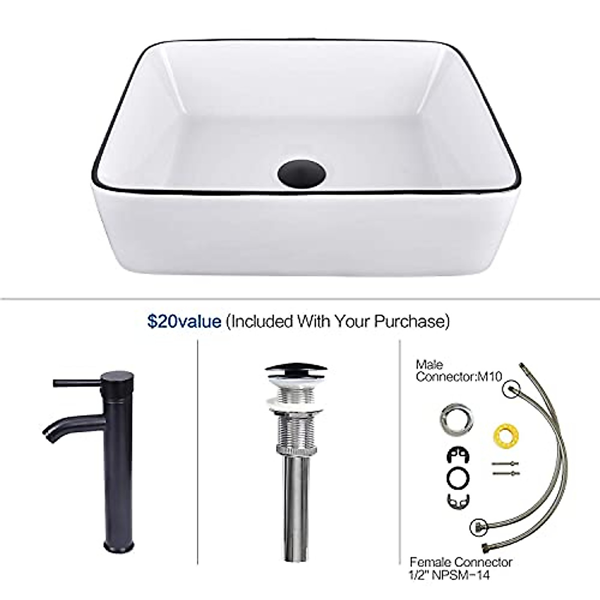 White Ceramic Bathroom Sink, 19" x 15" Above Counter Porcelain Vessel Sink with Black Faucet and Pop up drain Combo, Rectangle