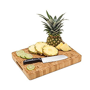 End Grain Wood Bamboo Cutting Board for Kitchen, Commercial Use - Extra Large, Thick Butcher Block with Juice Groove, Handles, and Non-Slip Feet for Chopping Veggies, Carving Meat, Bread and Cheese
