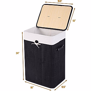 Giantex Bamboo Laundry Hamper with Lid, 72L Large & Tall Clothes Hamper with Removable Liner & Handles, Rectangular Laundry Basket for Small Spaces, Laundry Room, Bedroom (Black)
