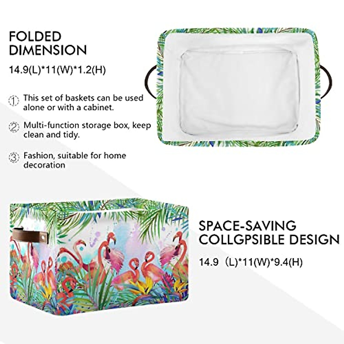 Storage Basket Tropical Flamingo Leaf Rectangle Foldable with Leather Handle Nursery Storage Bins Boxes Cube Organizer for Children Toys Books Clothes Home Bedroom