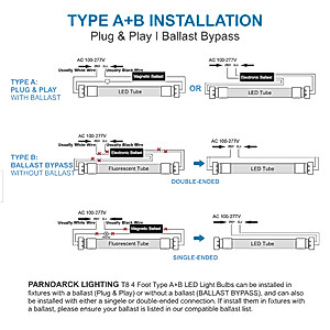 PARNOARCK Fluorescent Light Bulbs 48 inch T8 LED Bulbs 4 Foot Type A+B,24W 3200LM 6500K Clear Cover Super Bright,Single and Double End Powered,T8 T10 T12 Fluorescent Bulbs Replacemen(4-Pack)