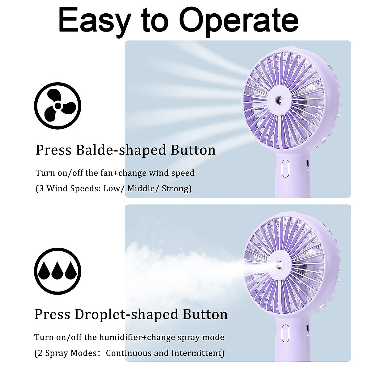 Portable Hand held Misting Fan, Small Personal USB Rechargeable Battery Operated Spray Fan Mister with 20ml Water Tank Mist Lash Fan Quiet 3 Speed Strong Cooling Wind for Travel Office Outdoors purple