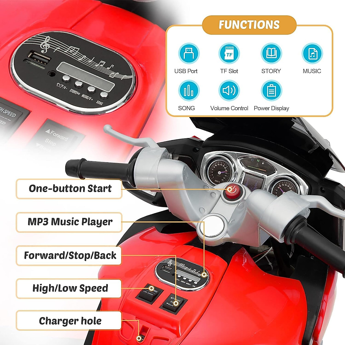 TOBBI 12V Kids Ride On Electric Motorcycle, Toddler Dirt Bike Training Wheels, Battery Powered Motorbike for Kids with LED Lights/Music/USB/Pedal, Ideal Gift for Children Boys Girls-Red