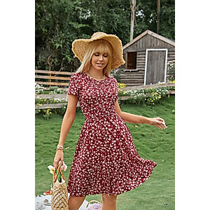 MicroStar Summer Casual Women Short Sleeve Round Neck A Line Fit and Flare Knee Length Skater Sun Dress