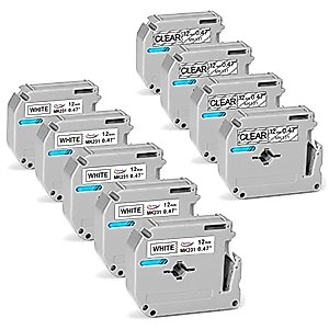 5 White+4 Clear Compatible Brother P-Touch M Tape 12mm 0.47 Inch M131 M231 Label Tape for Brother P-Touch PT-M95 PT-90 PT70 PT-65 PT85 Label Maker, Black on White/Clear, 26.2 Feet,5+4 Pack