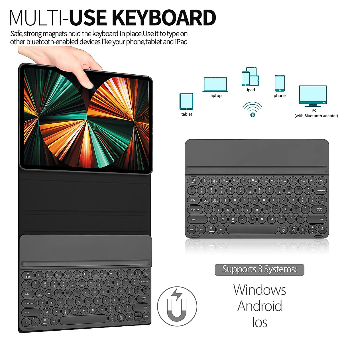 New iPad Pro 12.9 2022 6th Gen/5th Gen 2021/2020 4th Gen/2018 3rd Gen Keyboard Case -7 Colors Backlit Detachable Keyboard Slim Folio Smart Cover for iPad Pro 12.9"[Support Apple Pencil Charging]-Black