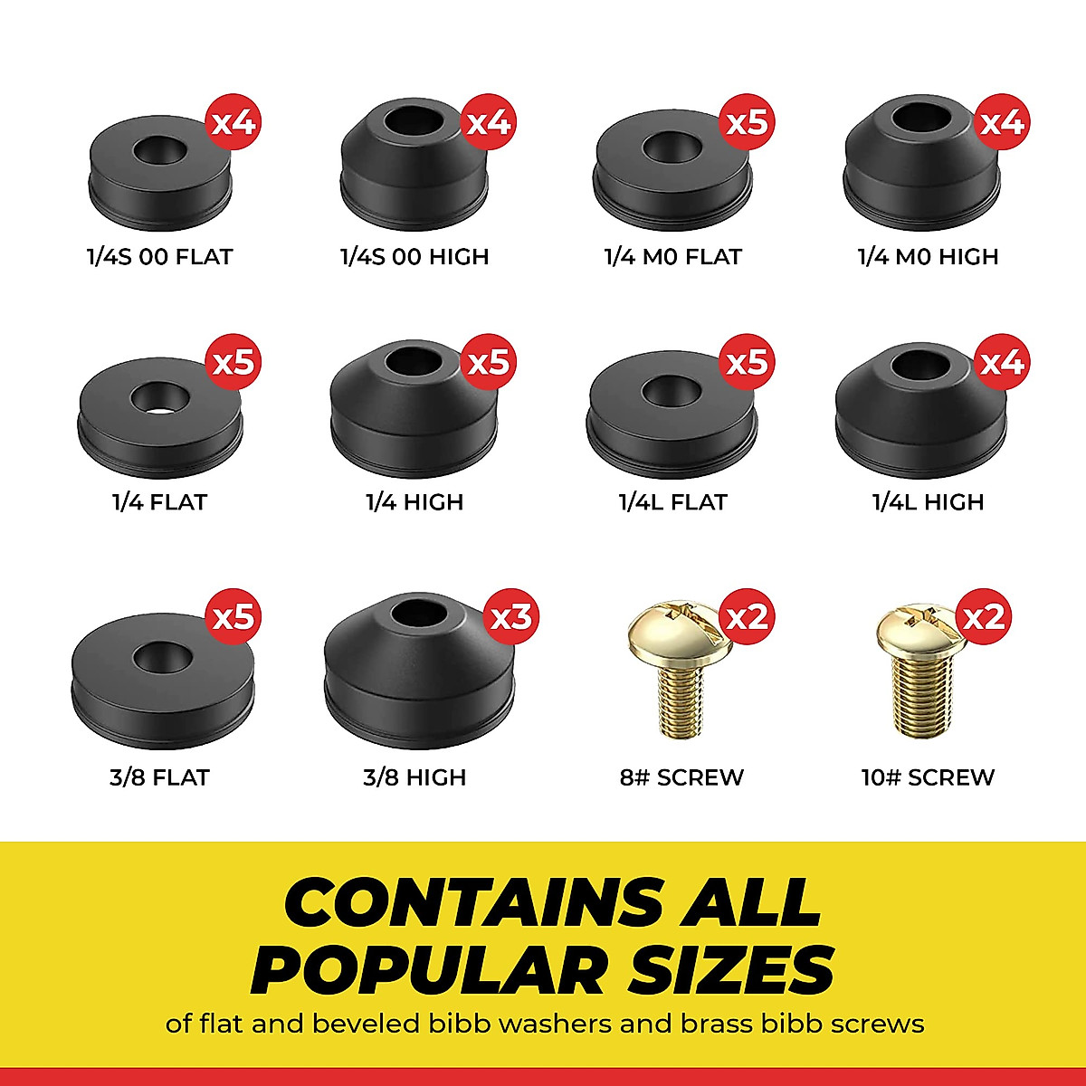 Flat and Beveled Faucet Washers and Brass Bibb Screws Assortment, 48 Pieces