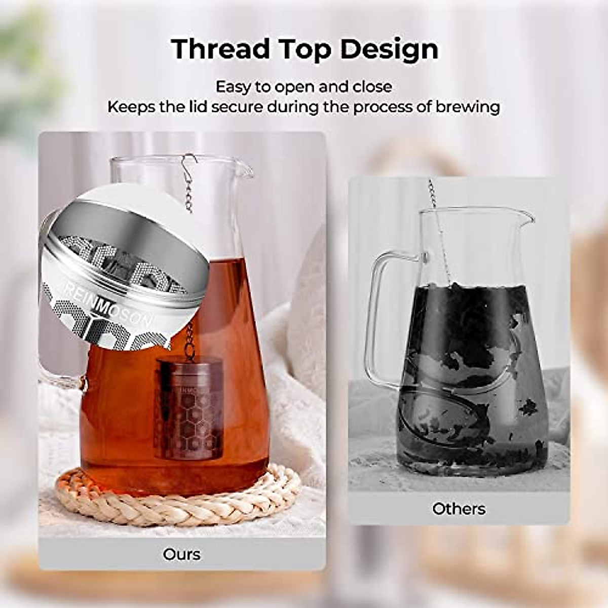 2 Pack Reinmoson Tea Strainers for Loose Tea, Extra Fine Mesh Tea Infuser for Loose Leaf Tea, 304 Stainless Steel & Updated Slim Threaded Lid, Loose Leaf Tea Steeper for Black Tea, Rooibos, etc