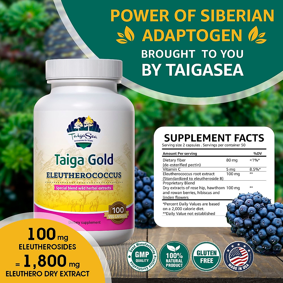 TAIGASEA Wild Eleuthero Root Extract, Herbal Extract Blend with Eleutherococcus for Immunity and Physical Shape, Stamina and Endurance, 100 Vegeterian Capsules