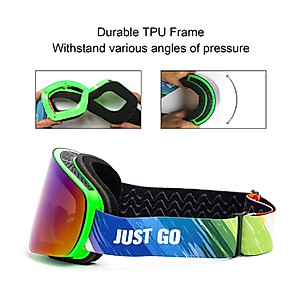 JUST GO Ski Goggles for Skiing Dual-Layer Anti-Fog 100% UV Protection lens Snowboard Goggles, Green Frame/Green Revo Lens (VLT 23.8%)