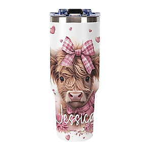 Zxyhomex Personalize Cute Pink Cow Print Tumbler 40 oz with Handle Straw Lid, Heifer 40oz Vacuum Insulated Coffee Mug, Highland Cow Birthday Gifts