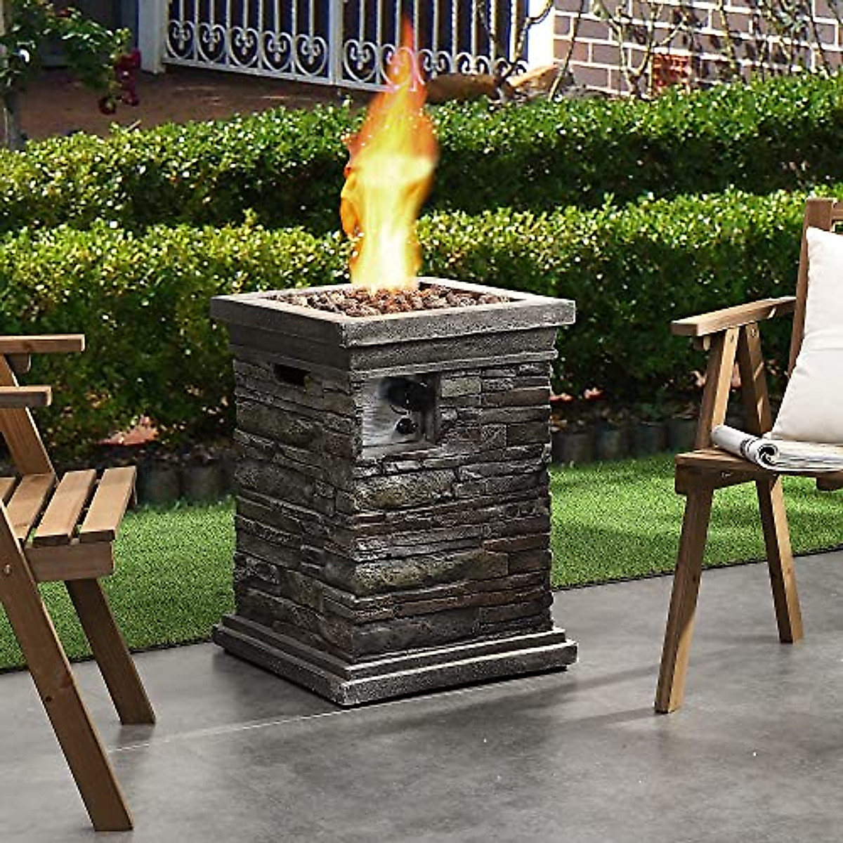 DESwan 18 in. x 25 in. Square Column Outdoor Propane Gas Fire Pit in Greystone, 30,000 BTU Outdoor Fire Pit