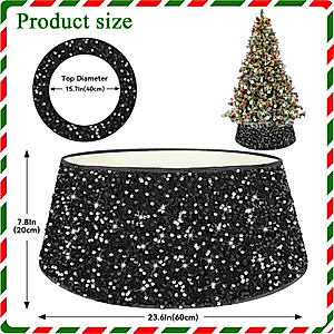 FANPROMS Black Christmas Tree Collar 23.6 Inches Diameter Base Glittery Sequins Xmas Tree Ring for Rustic Artificial Tree Skirt Woven Tree Bark Collar Thick Velvet Tree Cover Supply